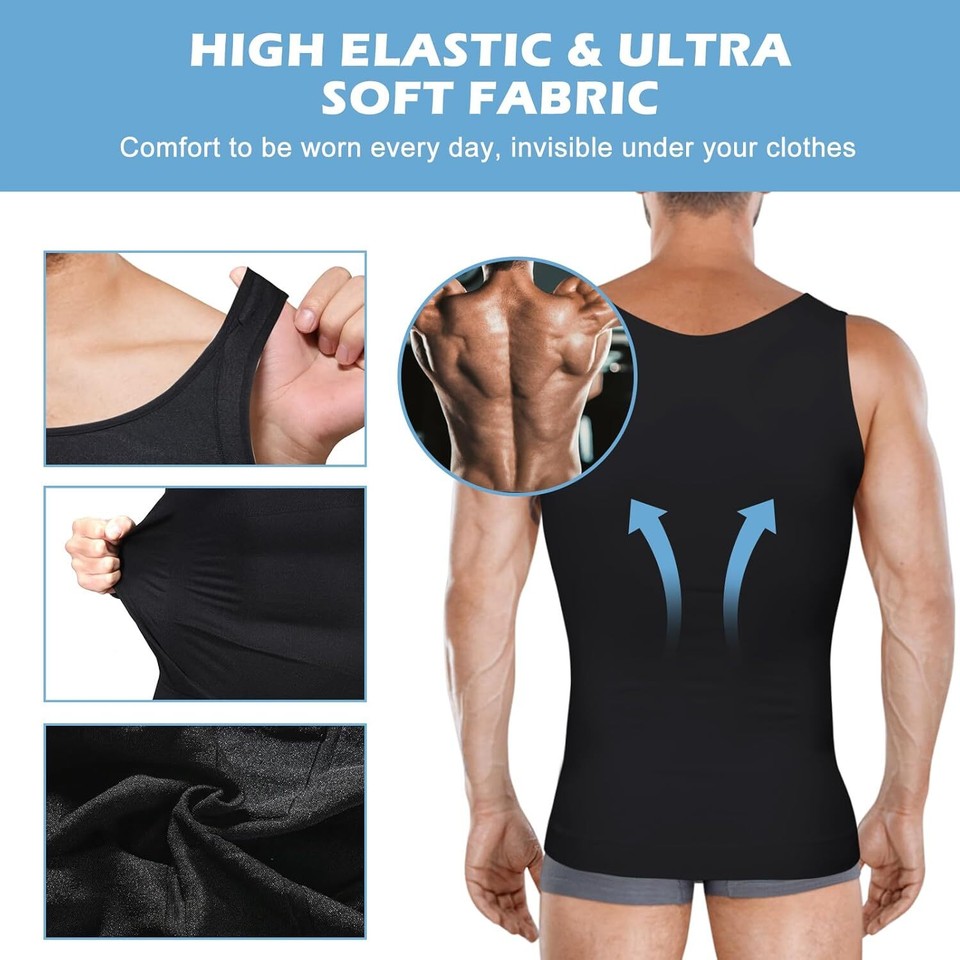 Mens 3 Pack Body Shaper Slimming Tummy Vest Chest Compression Shirt ...