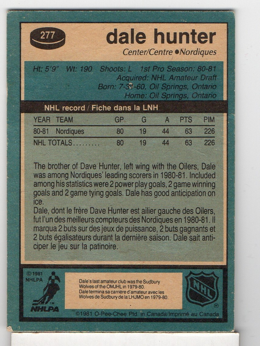 1981-82 Dale Hunter O-Pee-Chee Hockey Rookie Card #277 RC Quebec ...