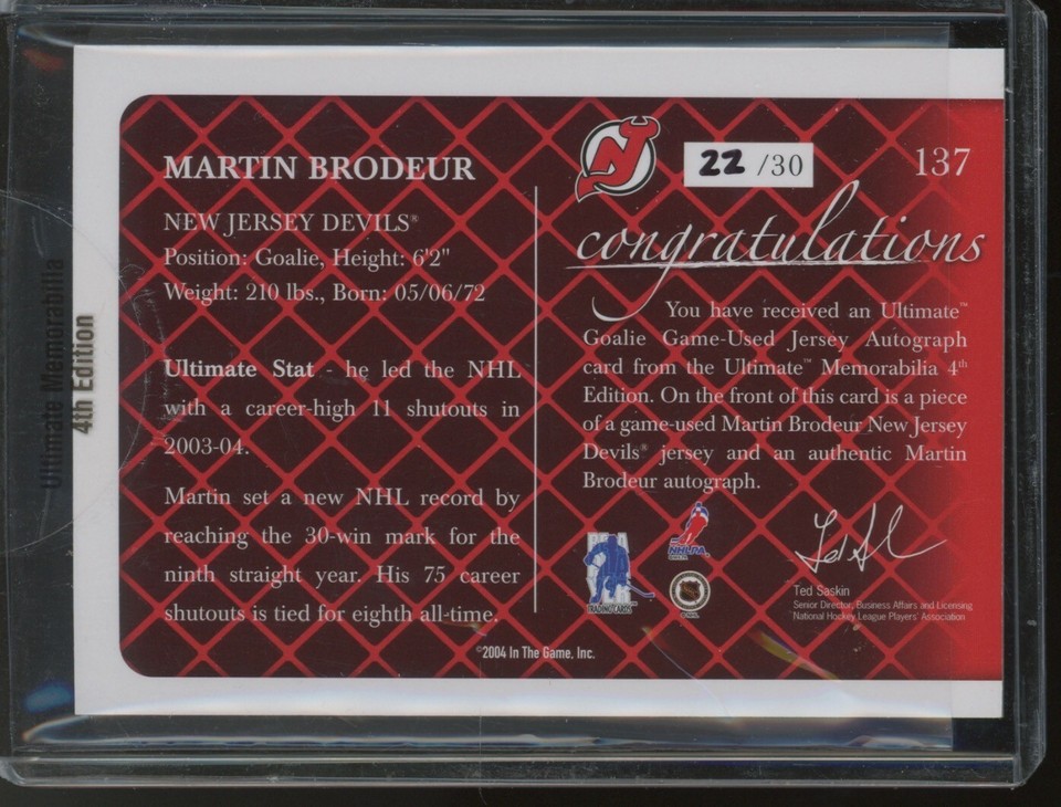 2003-04 ITG Ultimate Memorabilia Martin Brodeur #137 Jersey Patch Auto ...