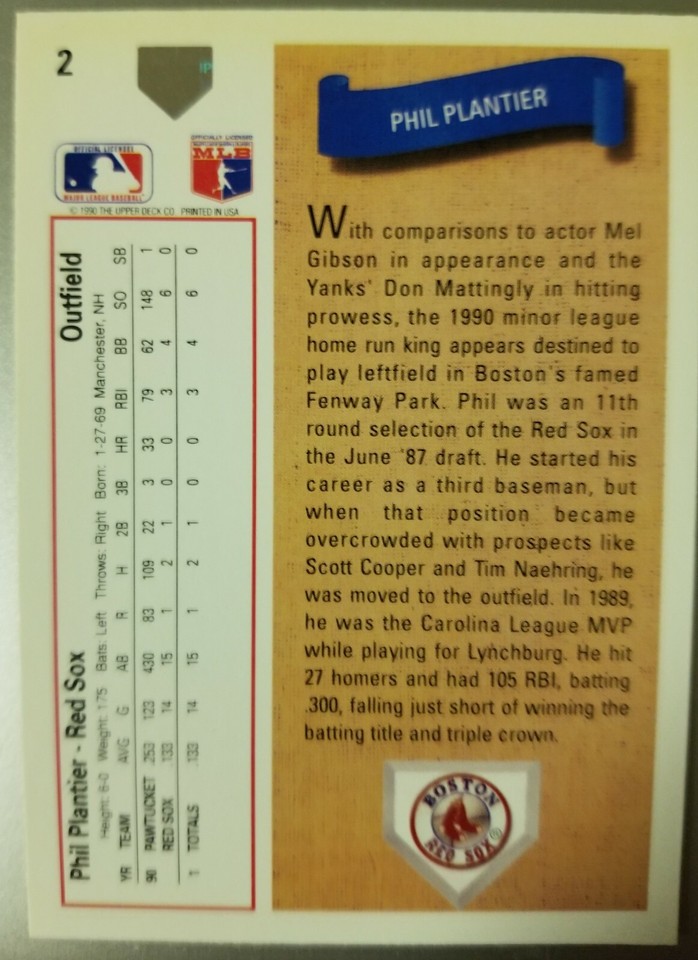 Phil Plantier Boston Red Sox 1991 Upper Deck #2 ROOKIE Baseball Card ...