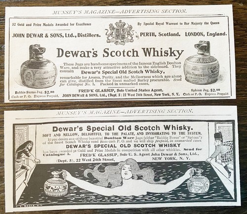 c1900 DEWAR'S Old Scotch Whisky Print Ads~Bobbie Burns&Sphinx Jugs,Girl ...