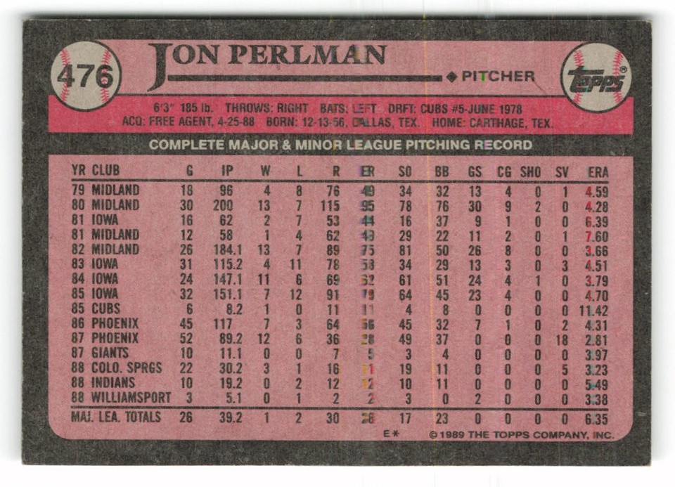 1989 Topps #476 Jon Perlman Cleveland Indians | eBay