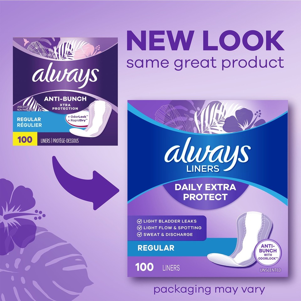 Always Daily Extra Protect Panty Liners, Extra Long Length, Unscented ...