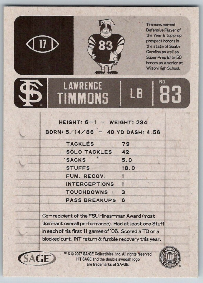 2007 SAGE HIT LAWRENCE TIMMONS FLORIDA STATE SEMINOLES #17 | eBay