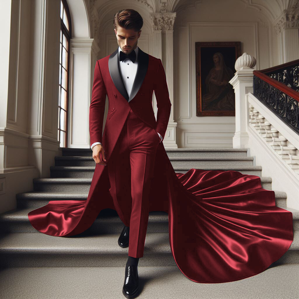 Men's Formal Suits with Floor Length Cloaks Red Banquets Wedding Groom ...