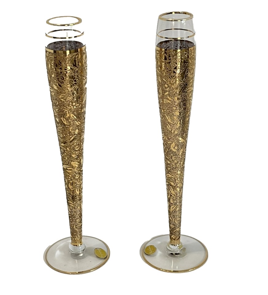 Glastonbury Gold Lotus Tall Champagne Flutes Gold Encrusted Floral ...