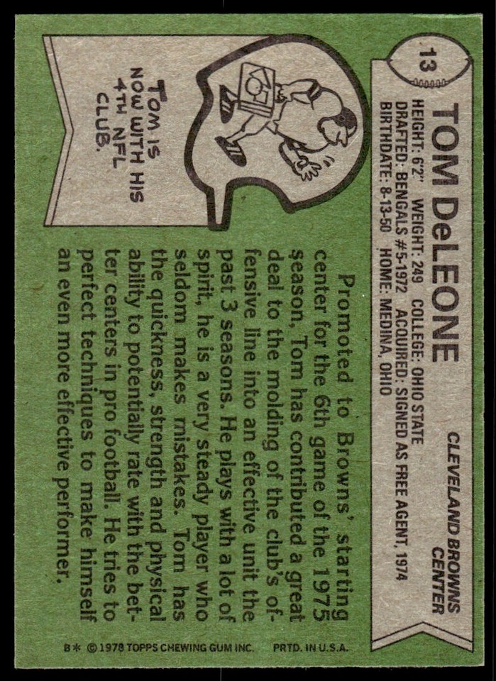 1978 TOPPS TOM DELEONE K CLEVELAND BROWNS #13 | eBay
