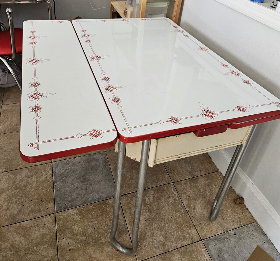 Vintage Porcelain Top Table, Slide-Out Sides, Chrome Legs, Red & White ...