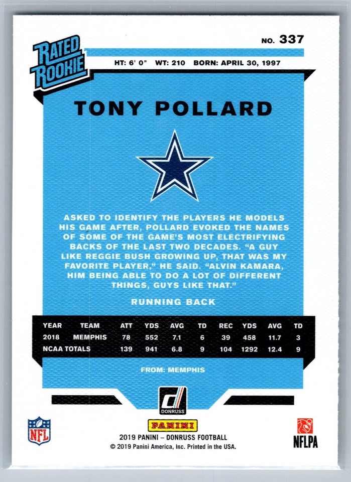 2019 Panini Donruss - Rated Rookie Canvas #337 Tony Pollard (RC) - NM ...