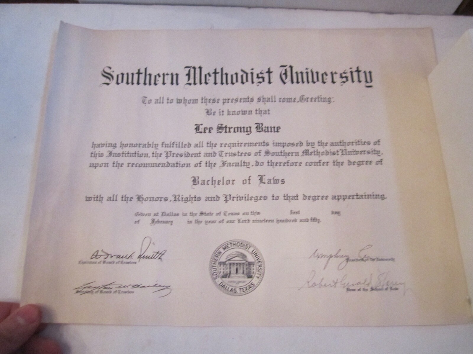 1950 SOUTHERN METHODIST UNIVERSTIY SMU BACHELOR OF LAWS DEGREE ...
