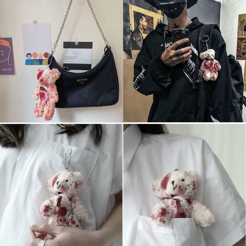 Cool Punk Bloody Plush Bear Keychain Halloween Injured Animal Bear Doll ...