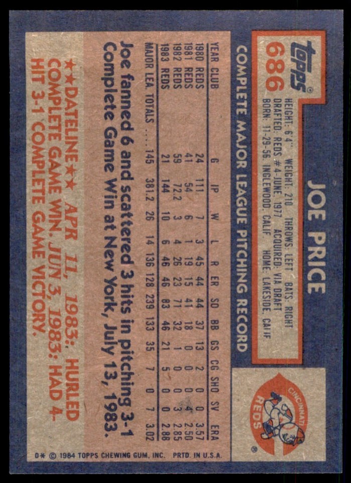 1984 Topps Joe Price C Baseball Cards #686 | eBay