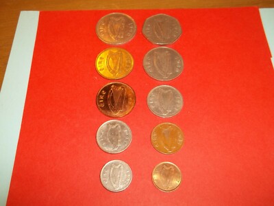 COMPLETE SET OF 10 IRISH DECIMAL COINS - PUNT, 50p, 20p, 10p, 5p, 2p ...