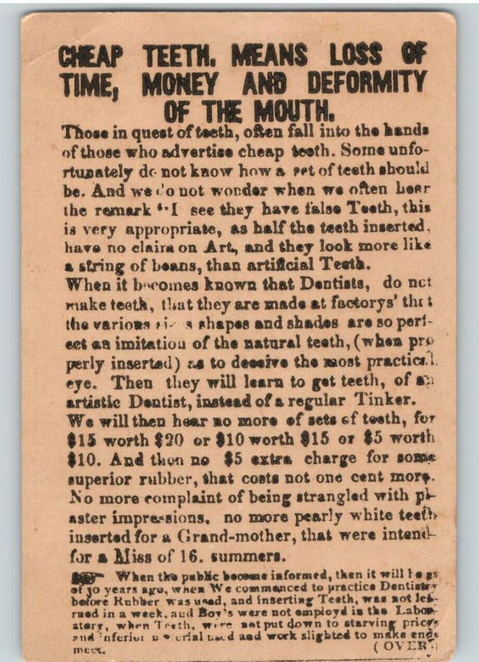 CHEAP TEETH - FALSE TEETH - DENTISTRY TRADE CARD - MEDICAL ODDITY 1883 ...
