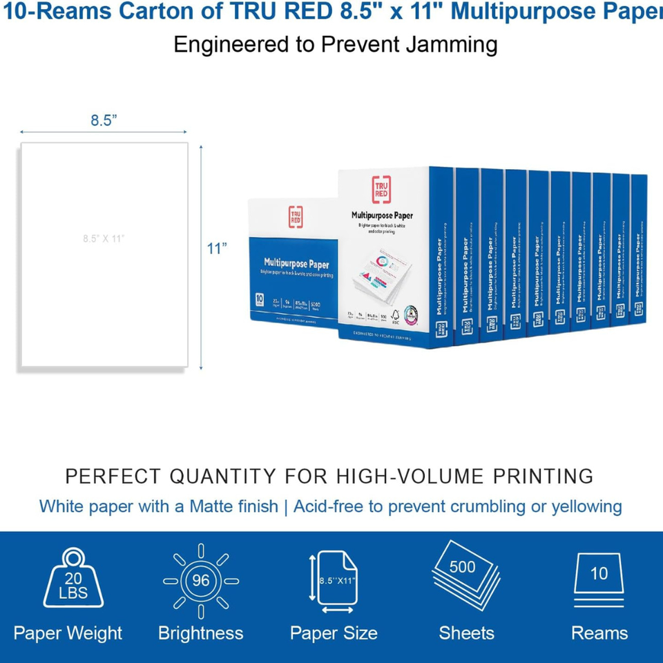 TRU RED 8.5" X 11" Copy Paper, 20 Lbs., 96 Brightness, 500 Sheets/Ream ...