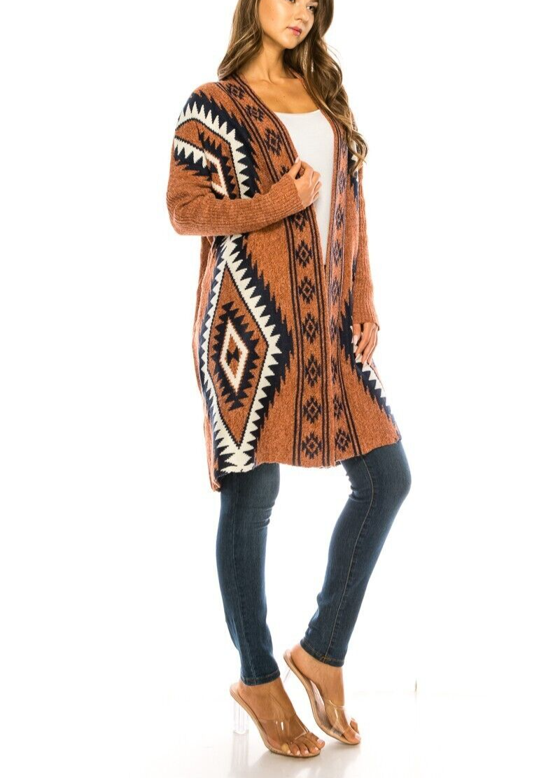 Boho Aztec Tribal Southwestern Print Knit Cardigan Sweater Duster Top S ...