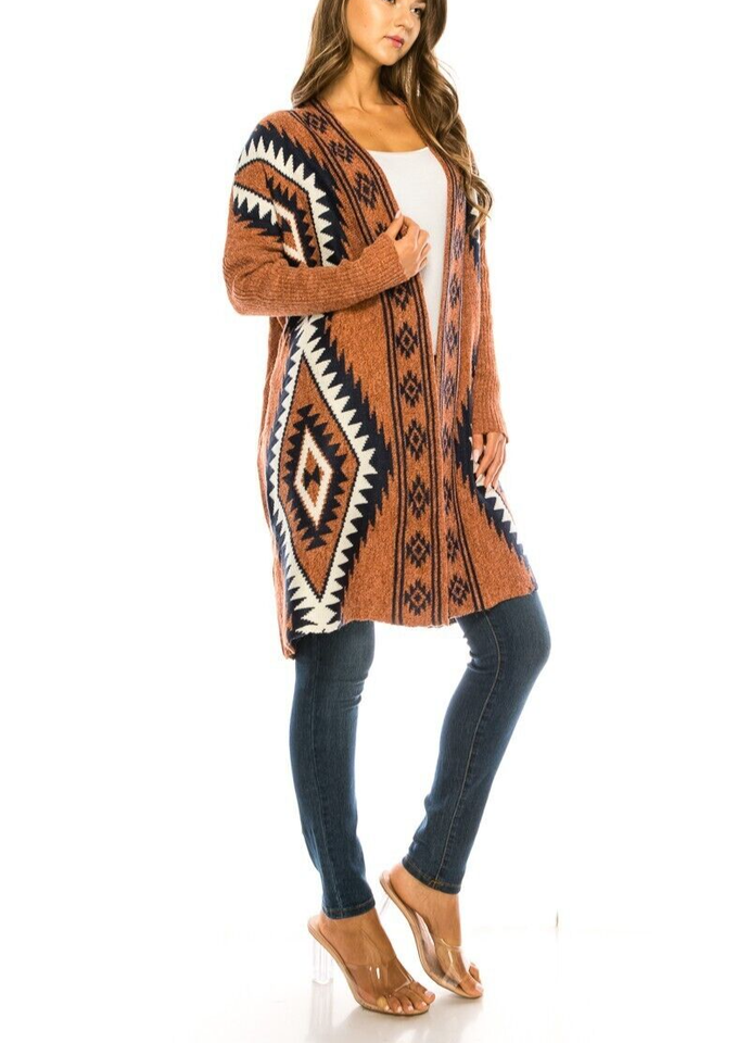 Boho Aztec Tribal Southwestern Print Knit Cardigan Sweater Duster Top S ...