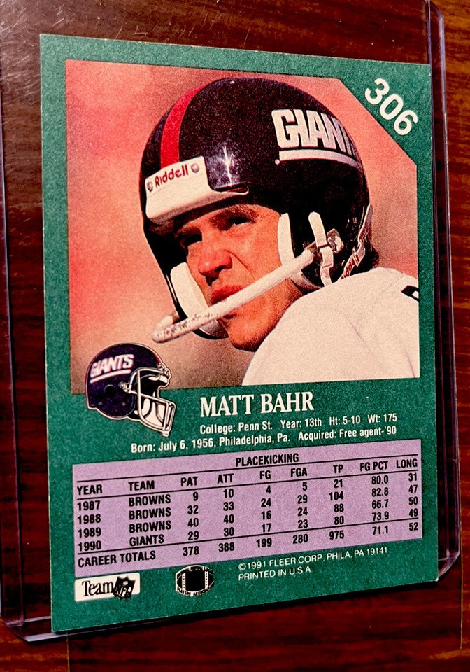 Matt Bahr 1991 Fleer NFL Football Card # 306 Signed AUTO - NY Giants | eBay