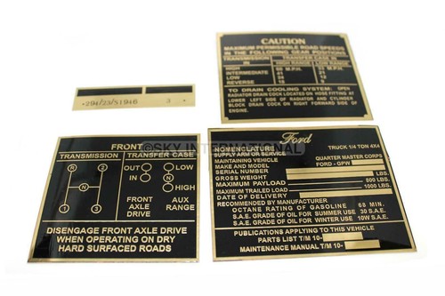 Set Of 4 Brass Data Plate set For Vintage Jeep Ford GPW | eBay