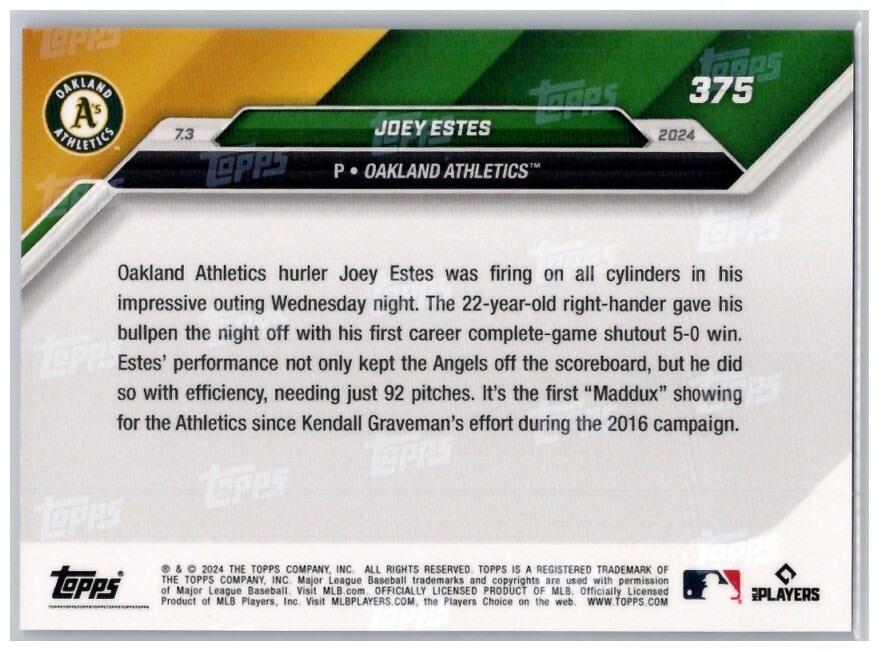 Joey Estes Oakland Athletics 2024 Topps Now Card 375 | eBay