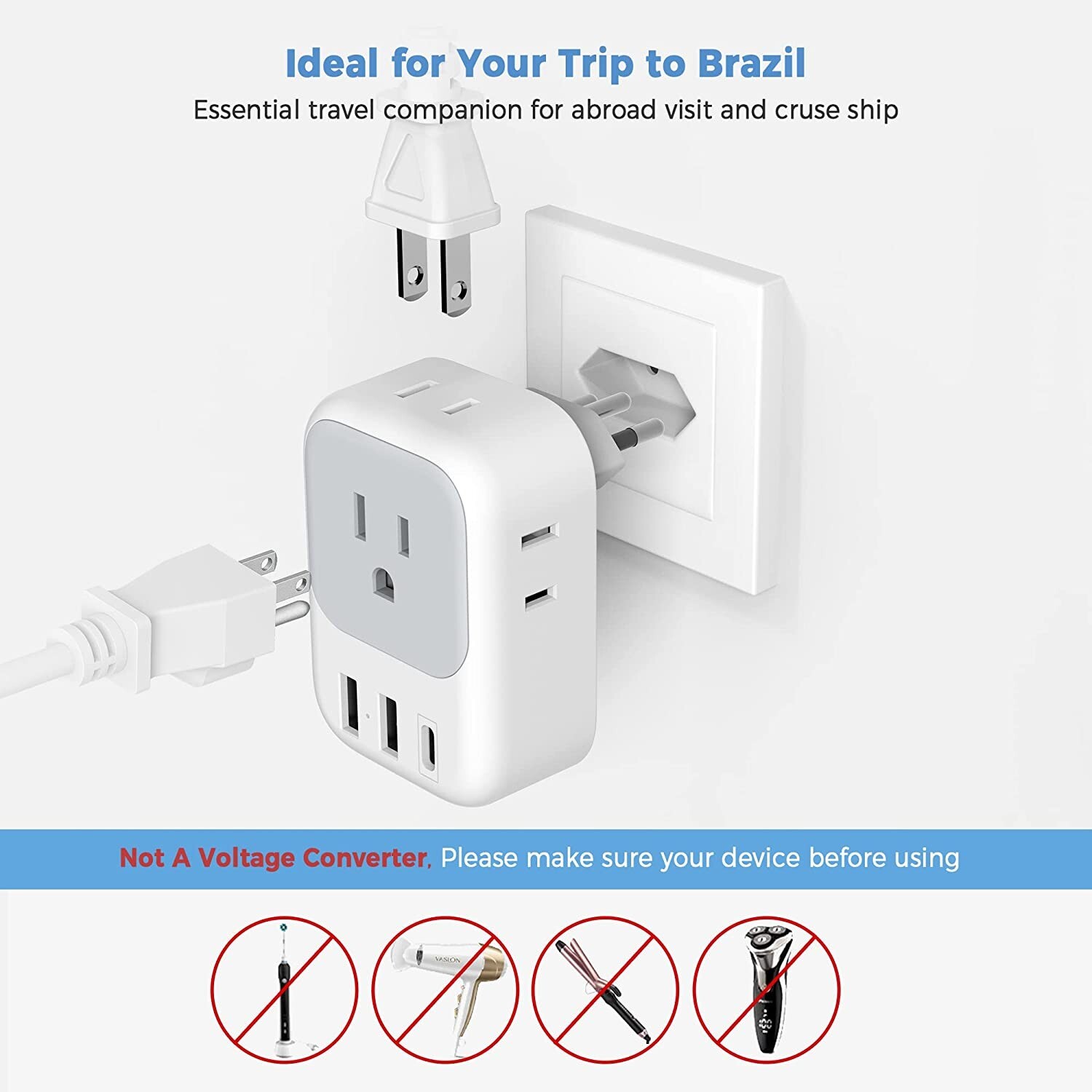Brazil Power Plug Adapter 4 Outlet 3 USB Type N Portable for US to ...