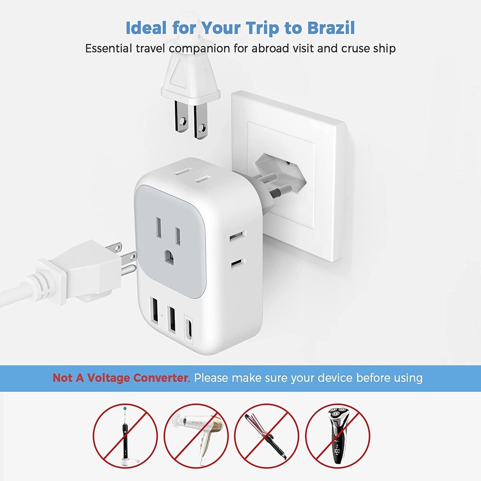 Brazil Power Plug Adapter 4 Outlet 3 USB Type N Portable for US to ...
