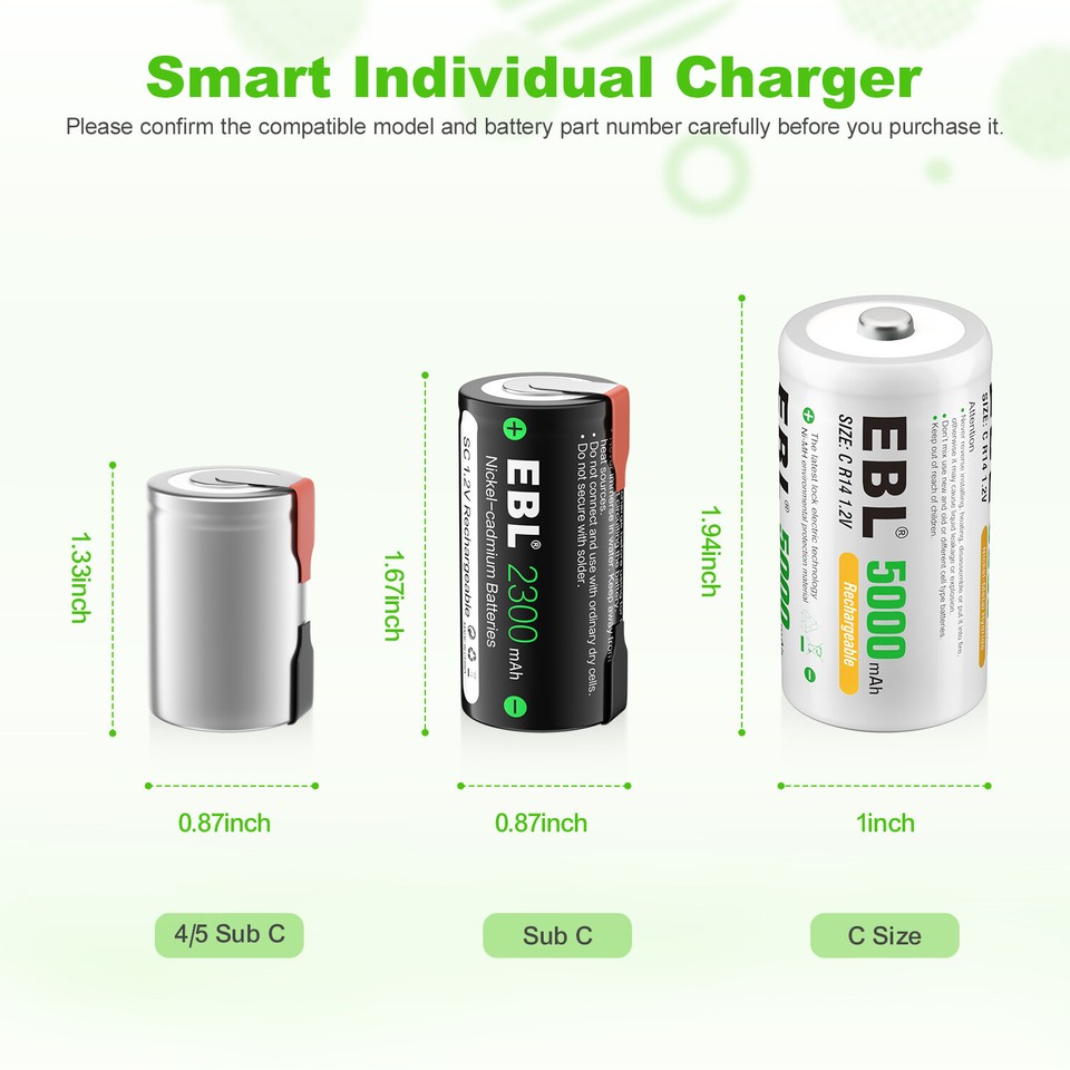 EBL SC Sub-C NiCd Rechargeable Batteries 2300mAh Tap Cell Power Tool ...