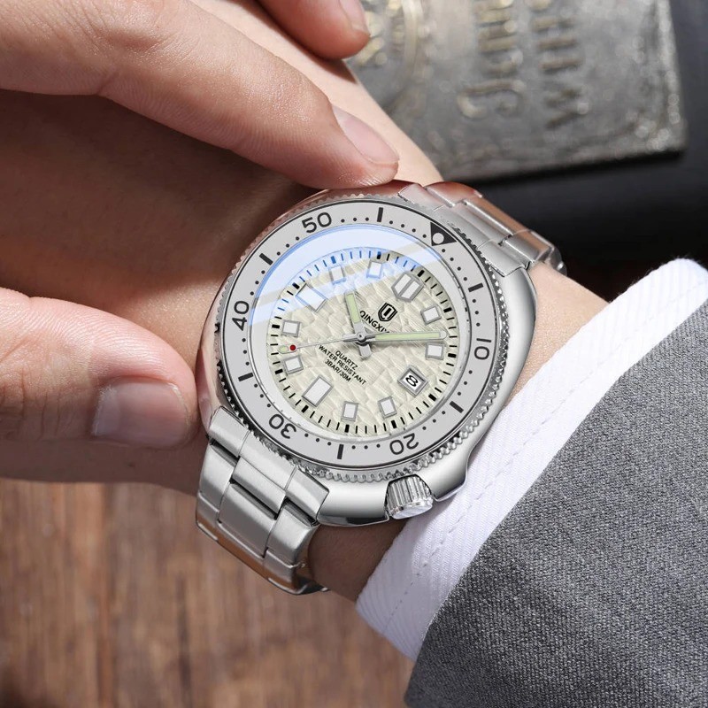 44MM QINGXIYA Tuna Quartz Mens Watch Stainless Steel 30M Waterproof ...