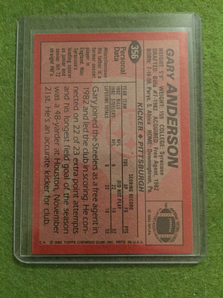 GARY ANDERSON ROOKIE Football Card NFL 1983 Topps #356 Steelers RC New ...