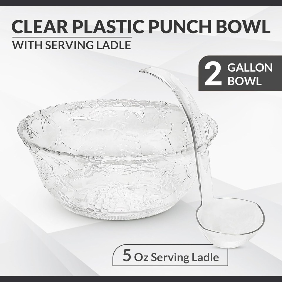 Heavyweight Clear Plastic 2-Gallon Punch Bow with 5 OZ Ladle ...