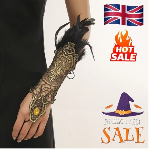 Embroidery Halloween Feather Gloves Women Feather Lace Glove Cosplay ...