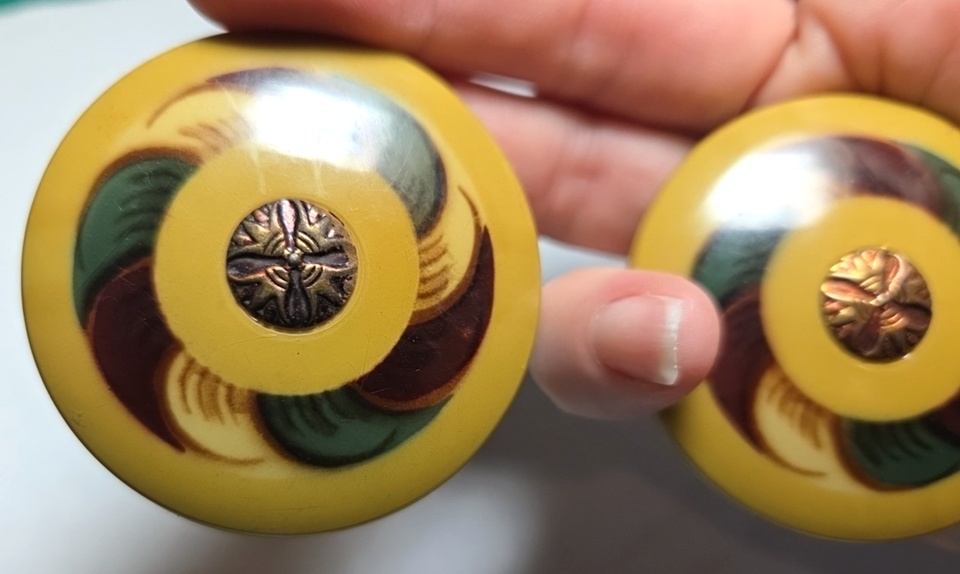 Set of 2 Vtg 2" Shank Buttons Metal Center Mustard Yellow Green Brown ...