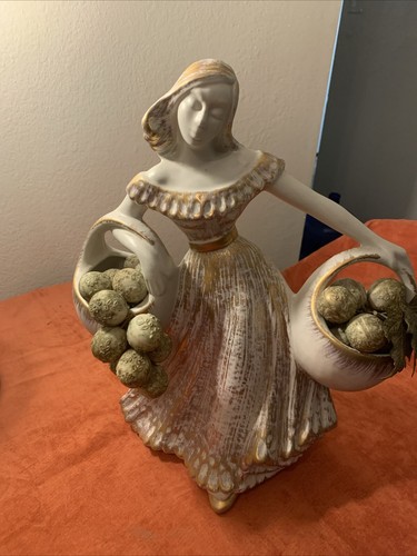 Vintage Royal Haeger Gold Tweed Gypsy Girl Woman Double Basket Planter ...