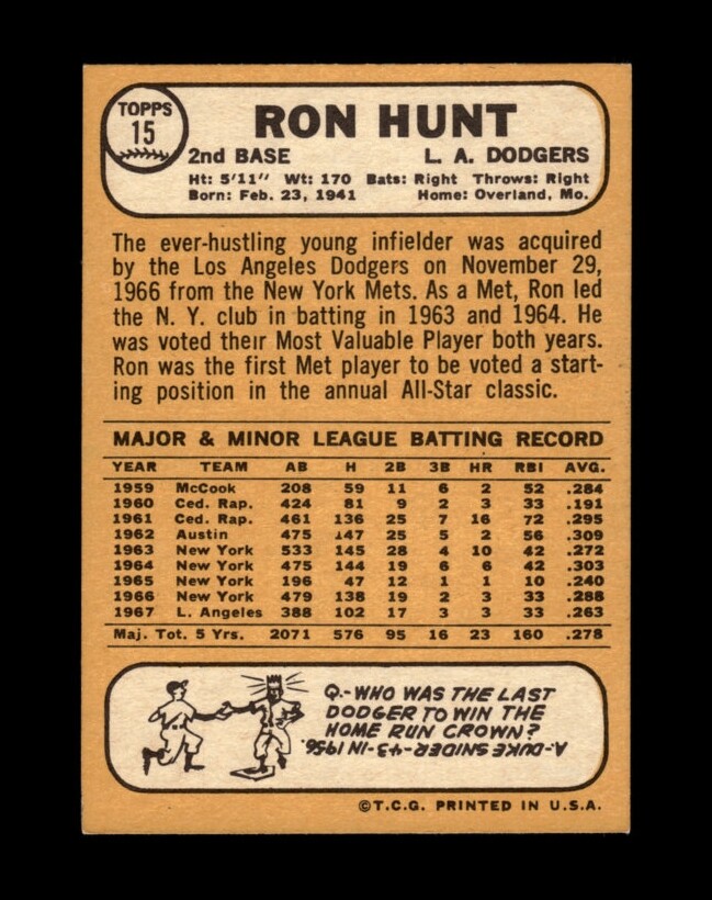 1968 Topps Set-Break # 15 Ron Hunt EX-EXMINT *GMCARDS* | eBay