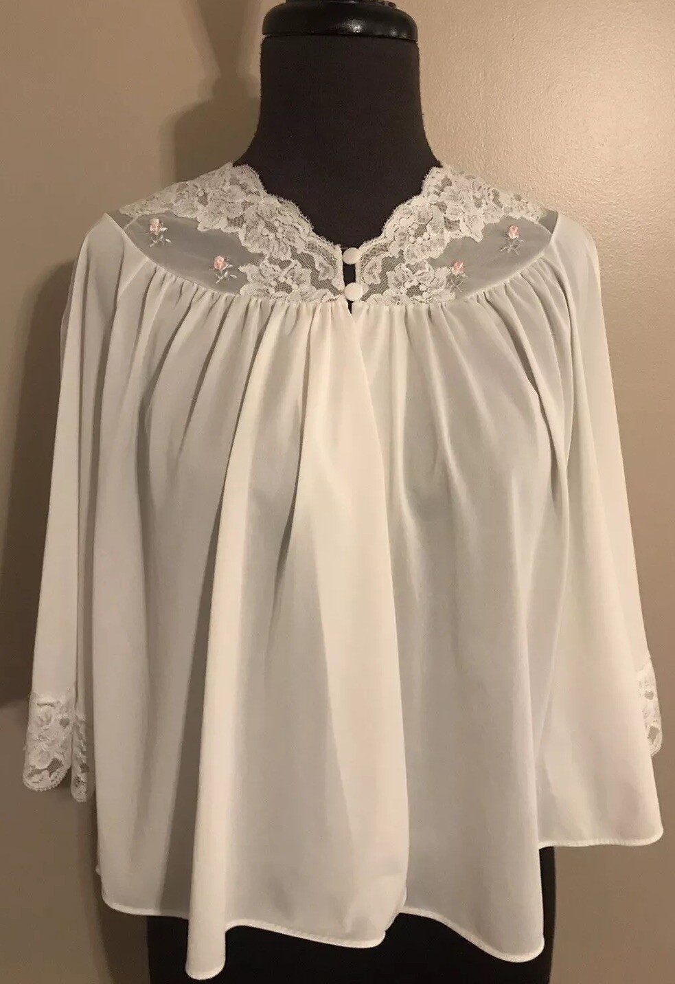 Vintage SHADOWLINE White Nylon Bed Jacket Lace Size M… - Gem