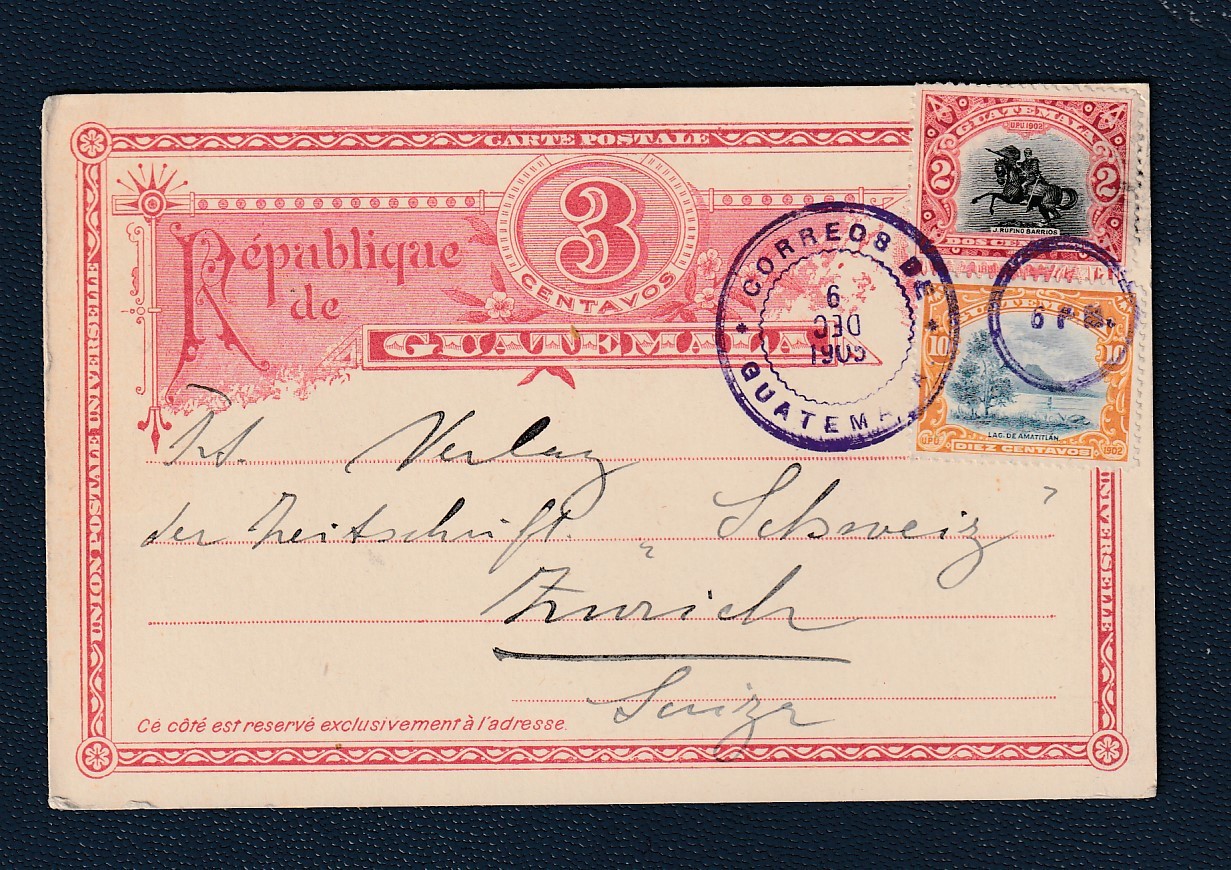 GUATEMALA 1905 stationery card P4, 3C. red uprated 2C.+10C. (Sc.115+118 ...