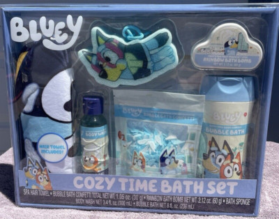 Bluey Cozy Time Bath Set 6 Piece Set Bubble Bath Hair Towel Sponge And ...