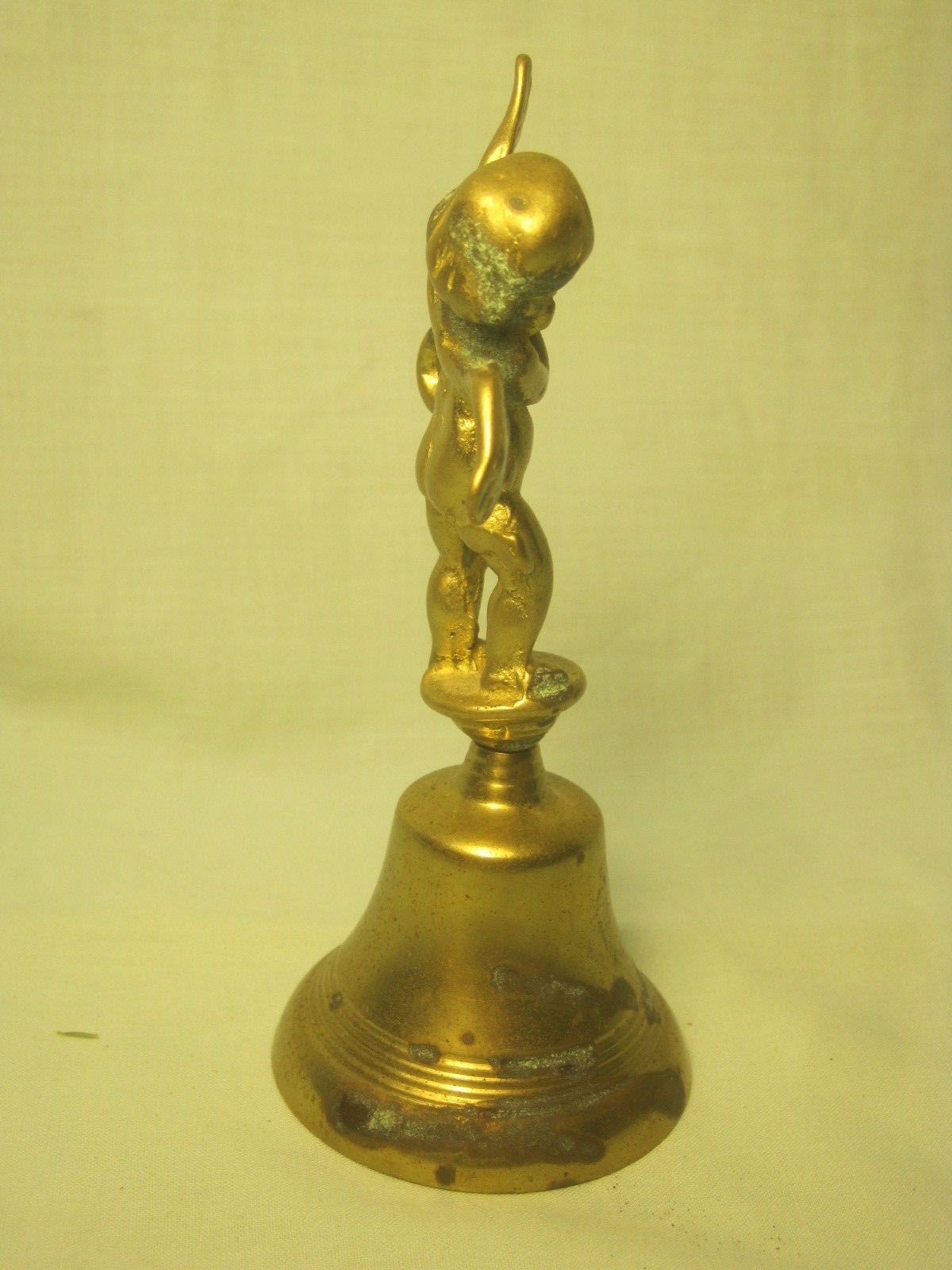 vintage solid brass angle figural cherub bell ring ding 5 3/4" dinger ...