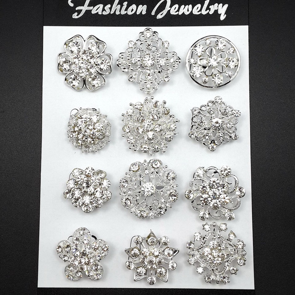12p/lot Mixed Mini Silver Rhinestone Crystal Brooches Pins DIY Wedding ...