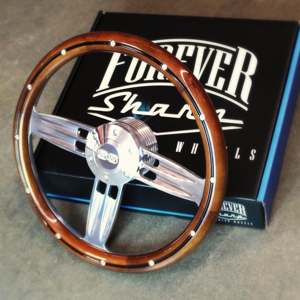 14" Polished Aluminum Steering Wheel with Wood Wrap and Chevy SS Horn ...