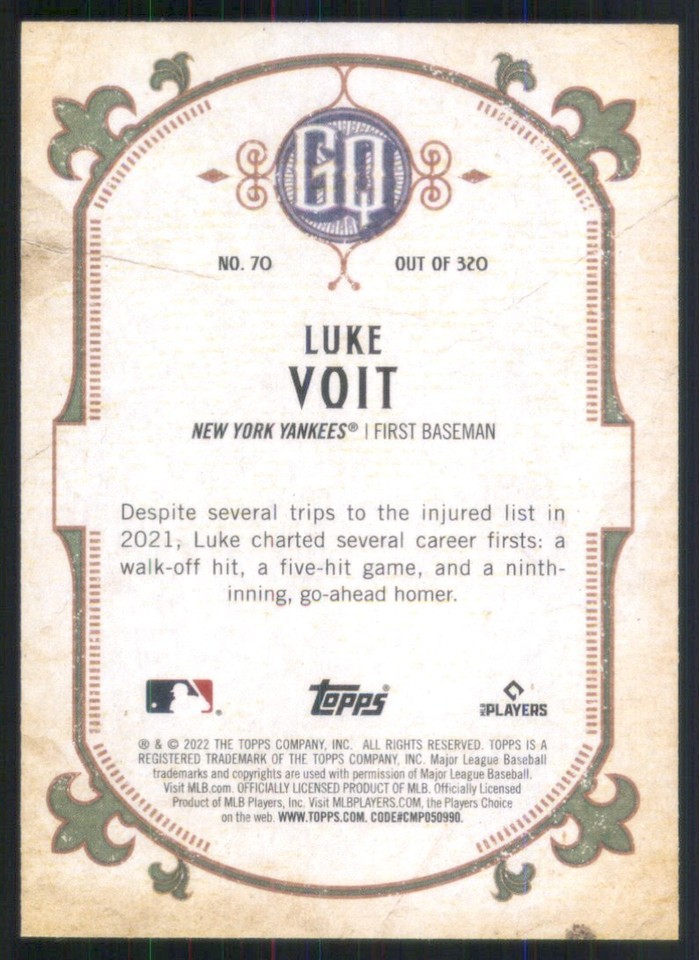 2022 Topps Gypsy Queen #70 Luke Voit New York Yankees TW1979 | eBay