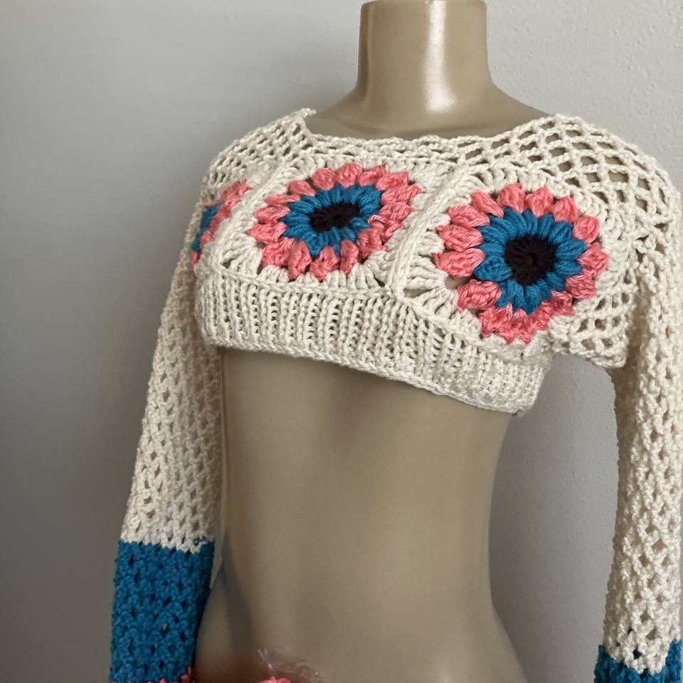 Handmade Crochet fishnet Boho Sunflower Granny Square bell Sleeve crop ...