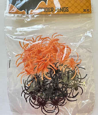 30 Black & Orange Plastic Spider Rings Halloween Party Favors Trick or ...