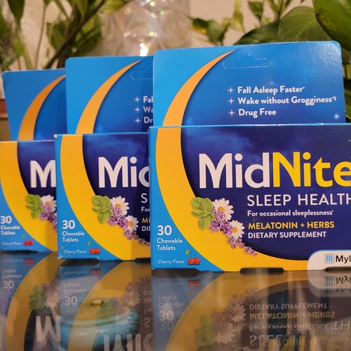 3 Pack MidNite Sleep Health aid Melatonin Herbs 30 chewable CHERRY Melt ...