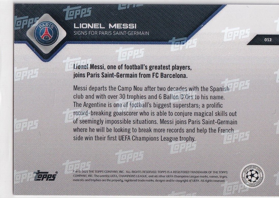 Topps Now 2021 Champions League Carta 12 Lionel Messi Firma Per PSG | eBay