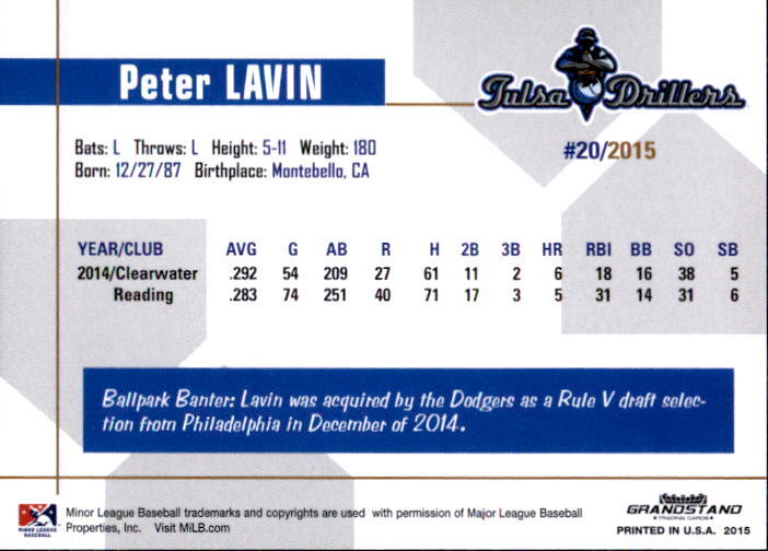 2015 Tulsa Drillers Grandstand #16 Peter Lavin Montebello California CA ...