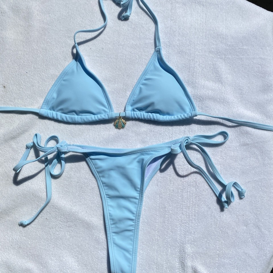 Small Baby Blue Thong Bikini Set w/ Scallop Charm Triangle Top Tie Side ...