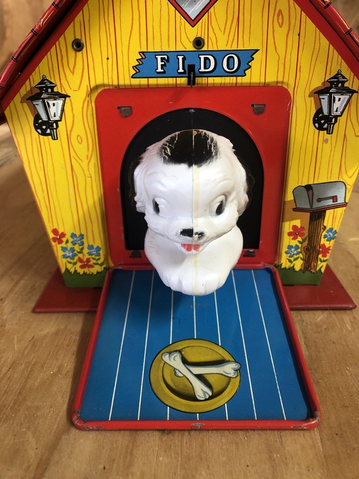 VINTAGE FIDO’S MUSICAL DOG HOUSE TIN TOY JACK IN THE BOX SWISS MADE ...