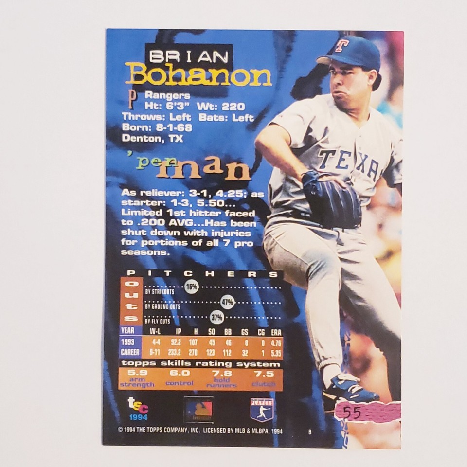 1994 Topps Stadium Club Brian Bohanon #55 Texas Rangers Baseball Card ...