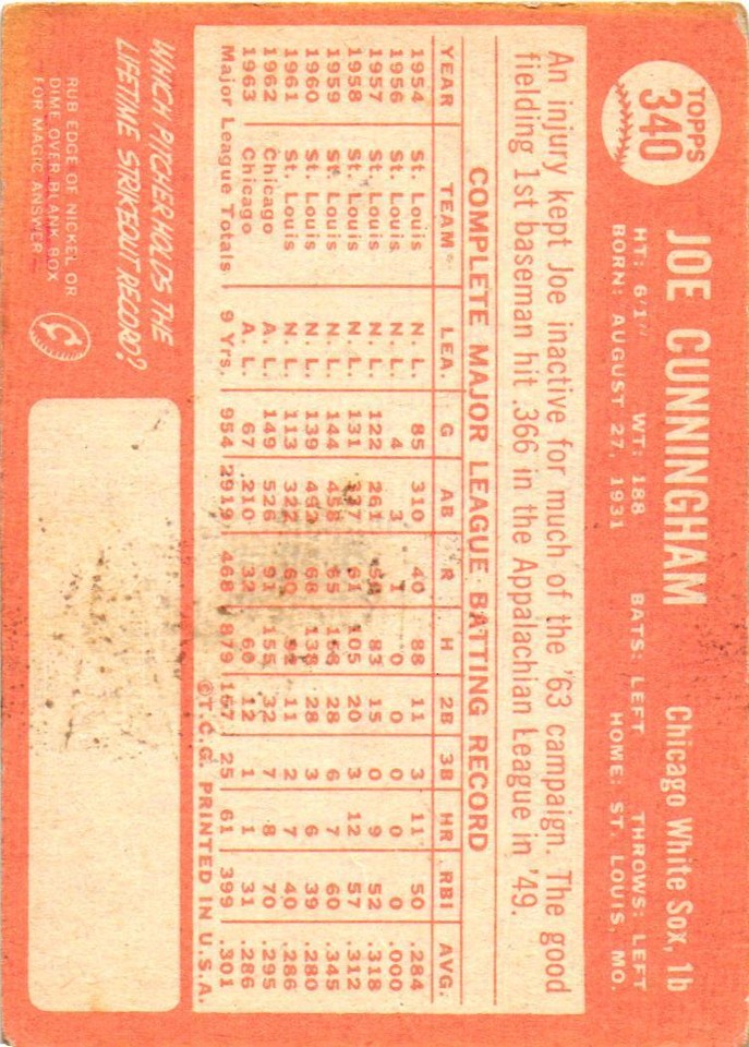 1964 Topps #340 Joe Cunningham | eBay